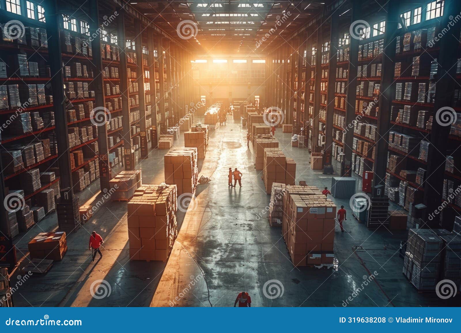 Modern Warehouse with Employees and Goods Under a Sunset Sky, Showing ...