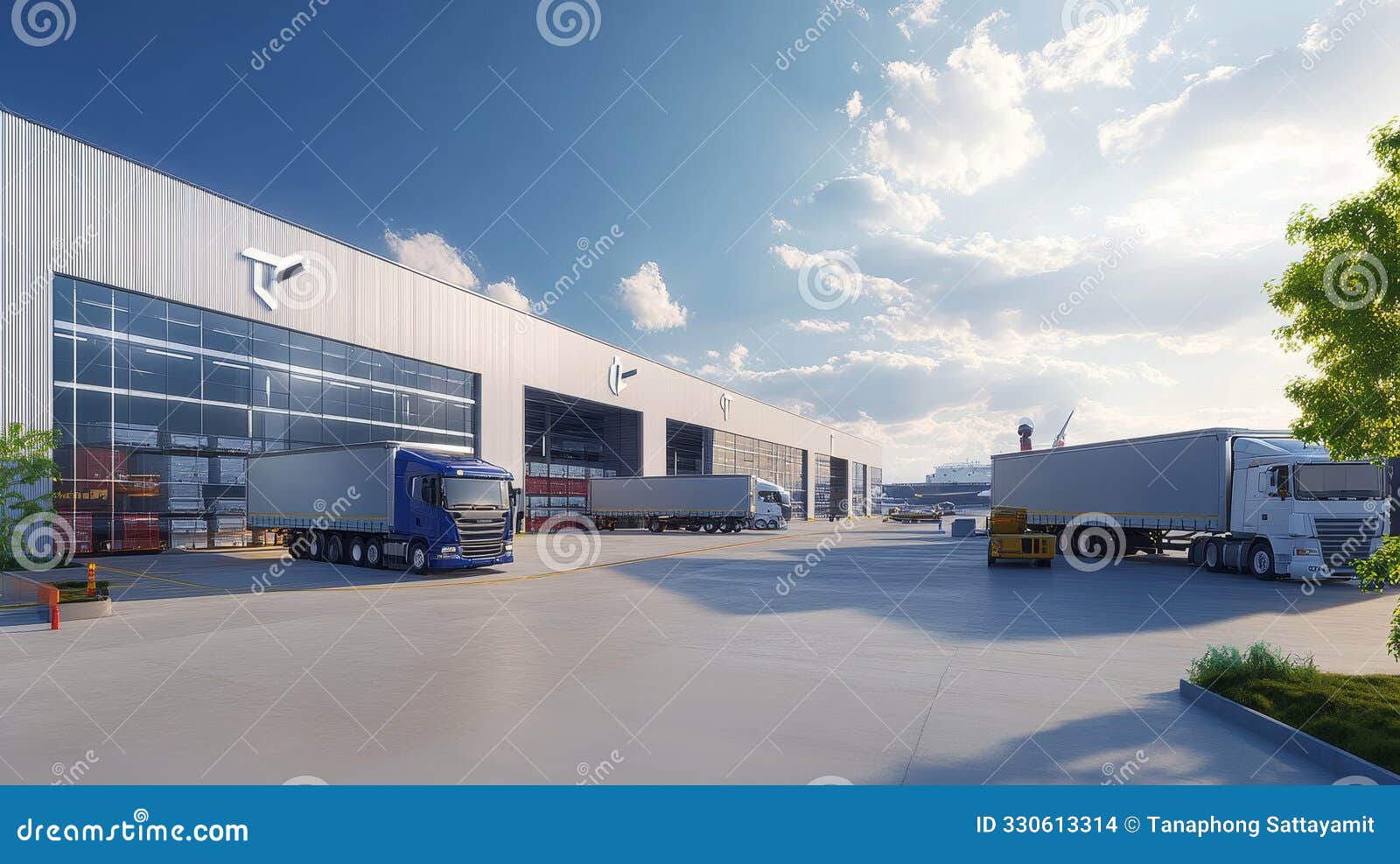 A Modern Warehouse Facility with Loading Docks Semitrucks and a Clear ...