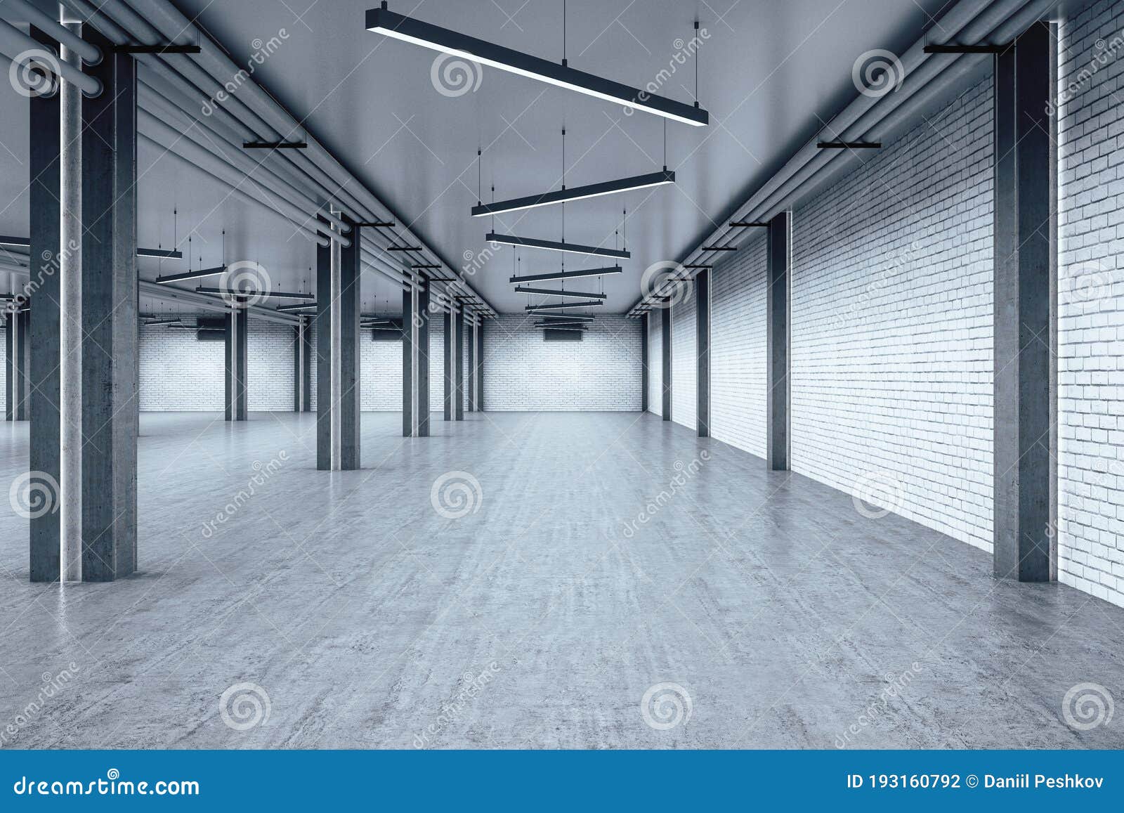 Modern Warehouse Interior with Brick Wall and Columns Stock ...