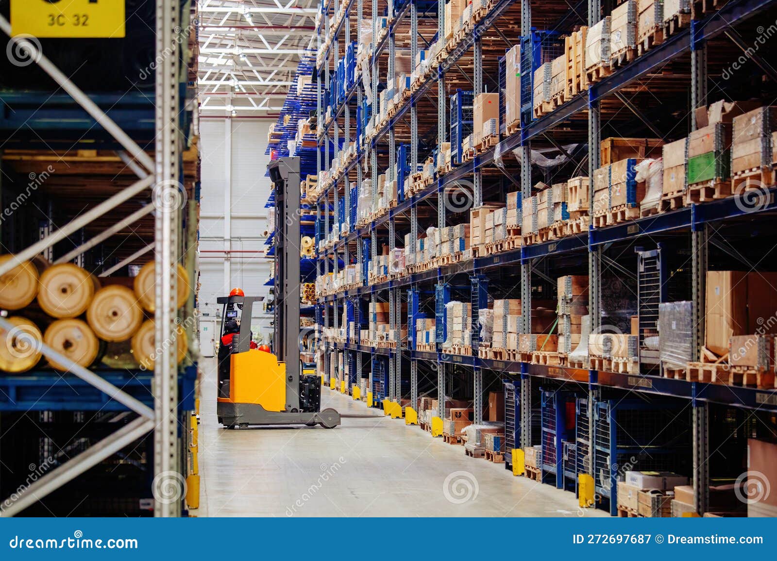 Modern Warehouse Interior with Shelves and Boxes and Forklift Loader ...