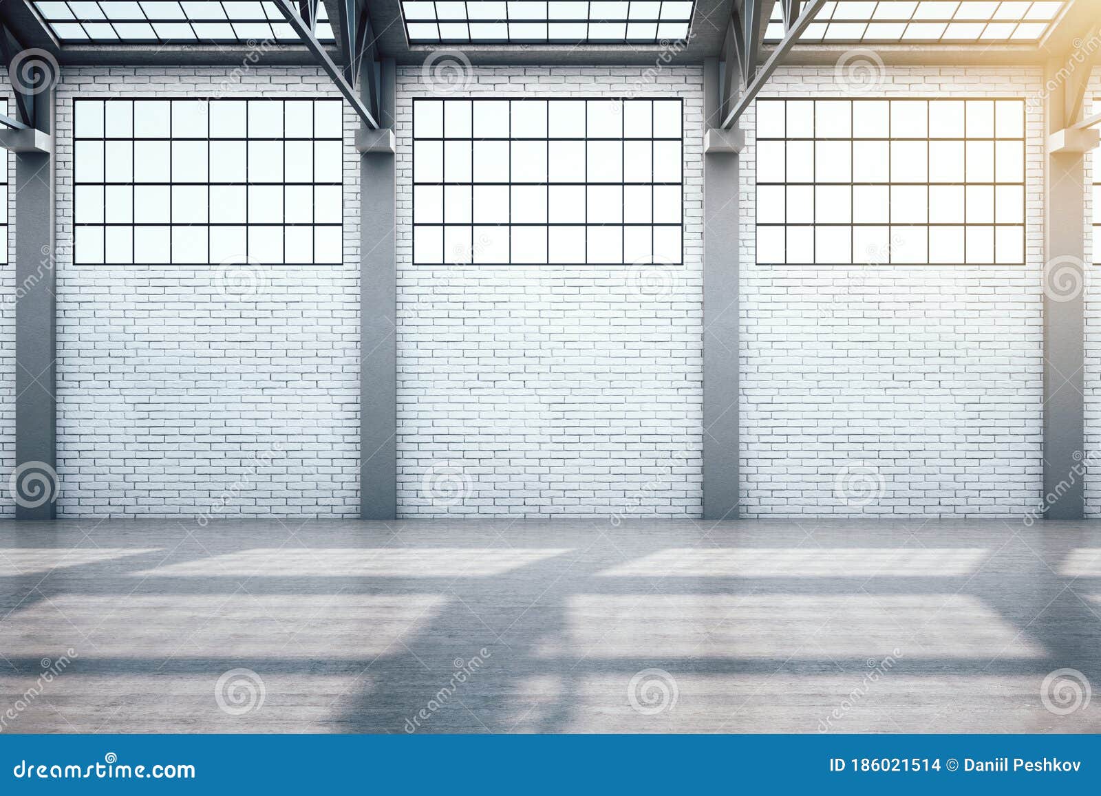 Modern Warehouse Interior with Window and Blank Brick Wall Stock ...
