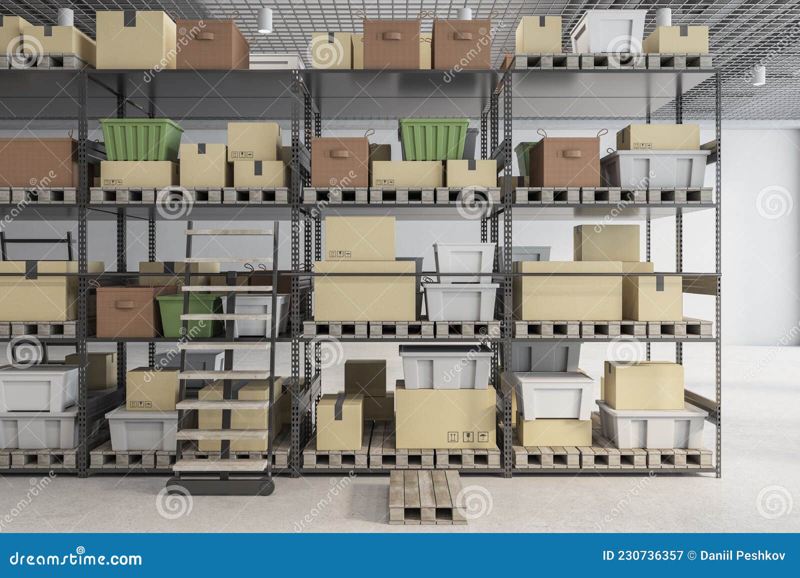 Modern Warehouse with Racks, Boxes and Daylight. Logistics and Shipping ...