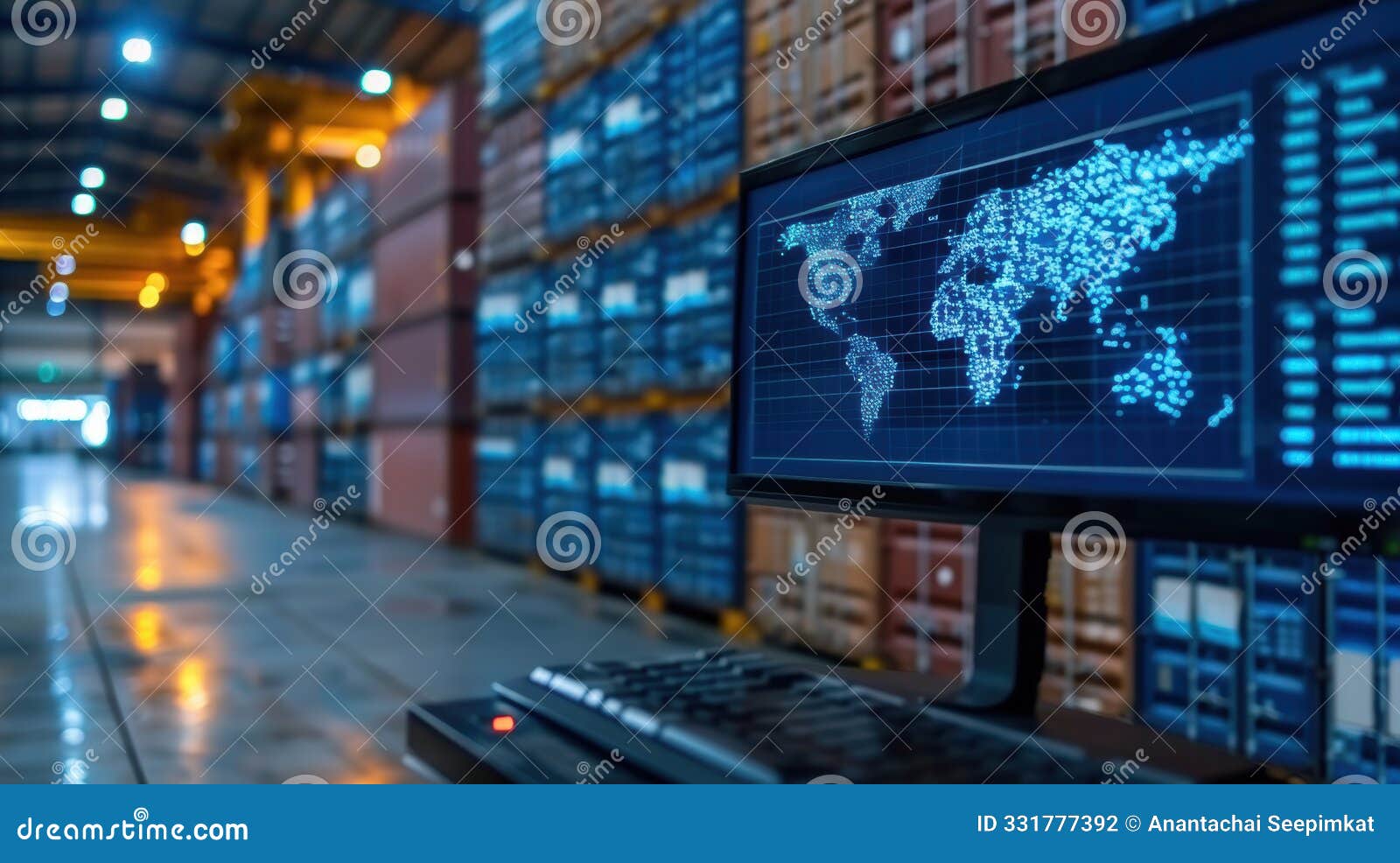 A Modern Warehouse with Stacks of Containers and a Computer Screen ...