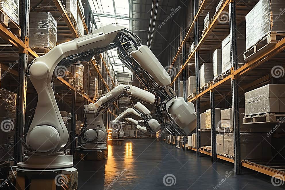 Robotic Arms Working in Modern Automated Warehouse Stock Illustration ...