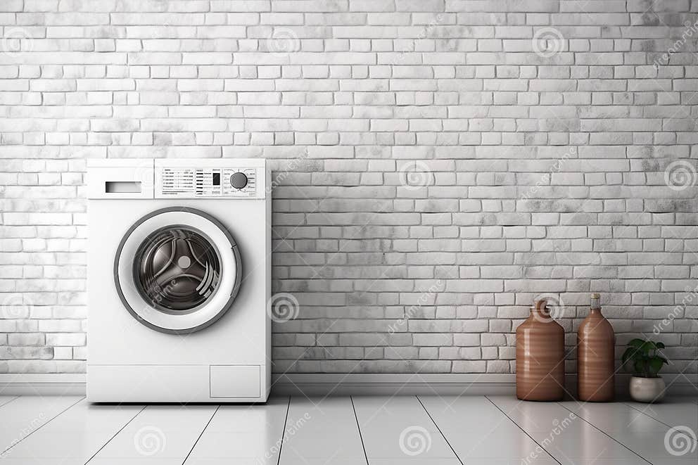 Modern Washing Machine in Front of Brick Wall. 3d Rendering Stock ...