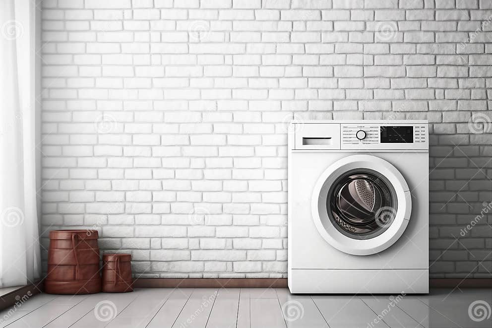 Modern Washing Machine in Front of Brick Wall. 3d Rendering Stock ...
