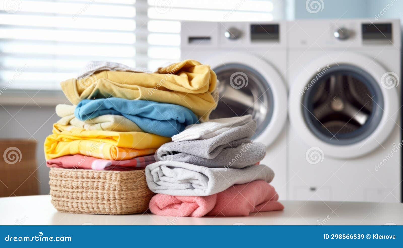Modern Washing Machine and Laundry Basket with Stack of Clean Clothes ...