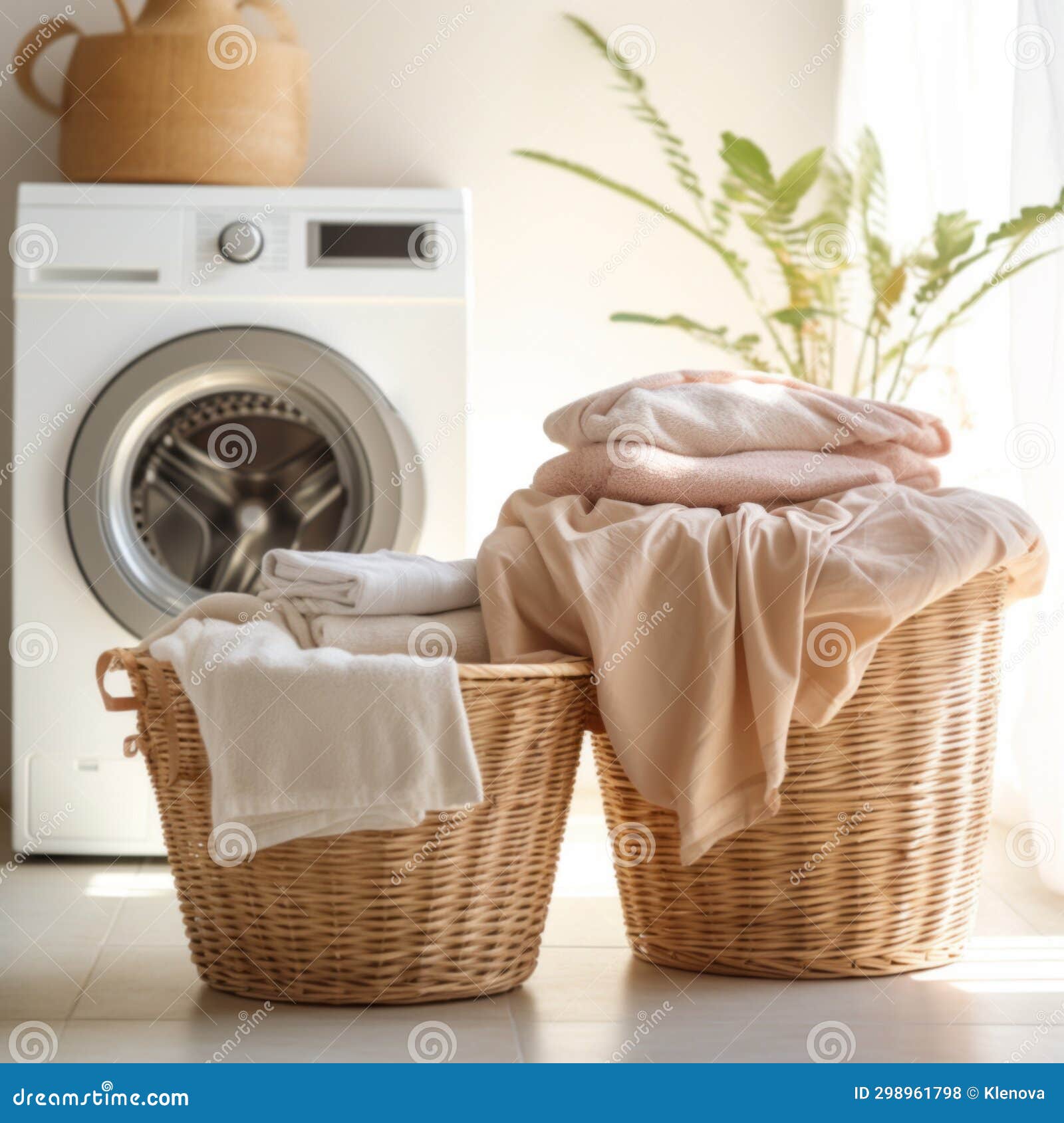 Modern Washing Machine and Laundry Basket with Stack of Clean Clothes ...