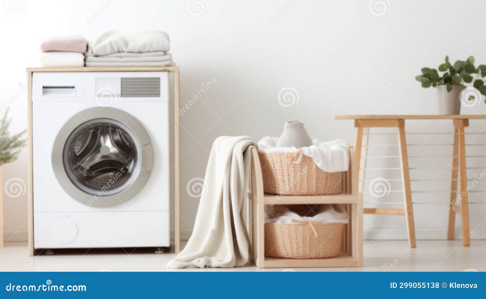Modern Washing Machine and Laundry Basket with Stack of Clean Clothes ...