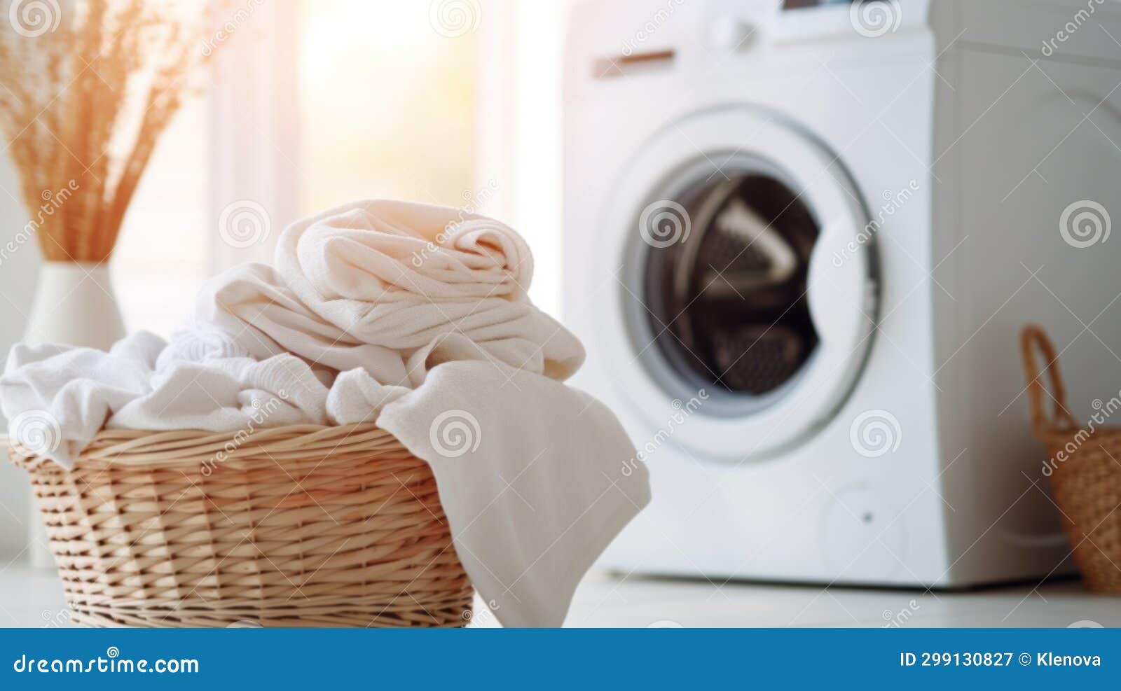 Modern Washing Machine and Laundry Basket with Stack of Clean Clothes ...