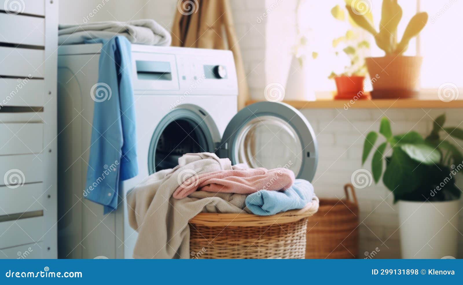 Modern Washing Machine and Laundry Basket with Stack of Clean Clothes ...
