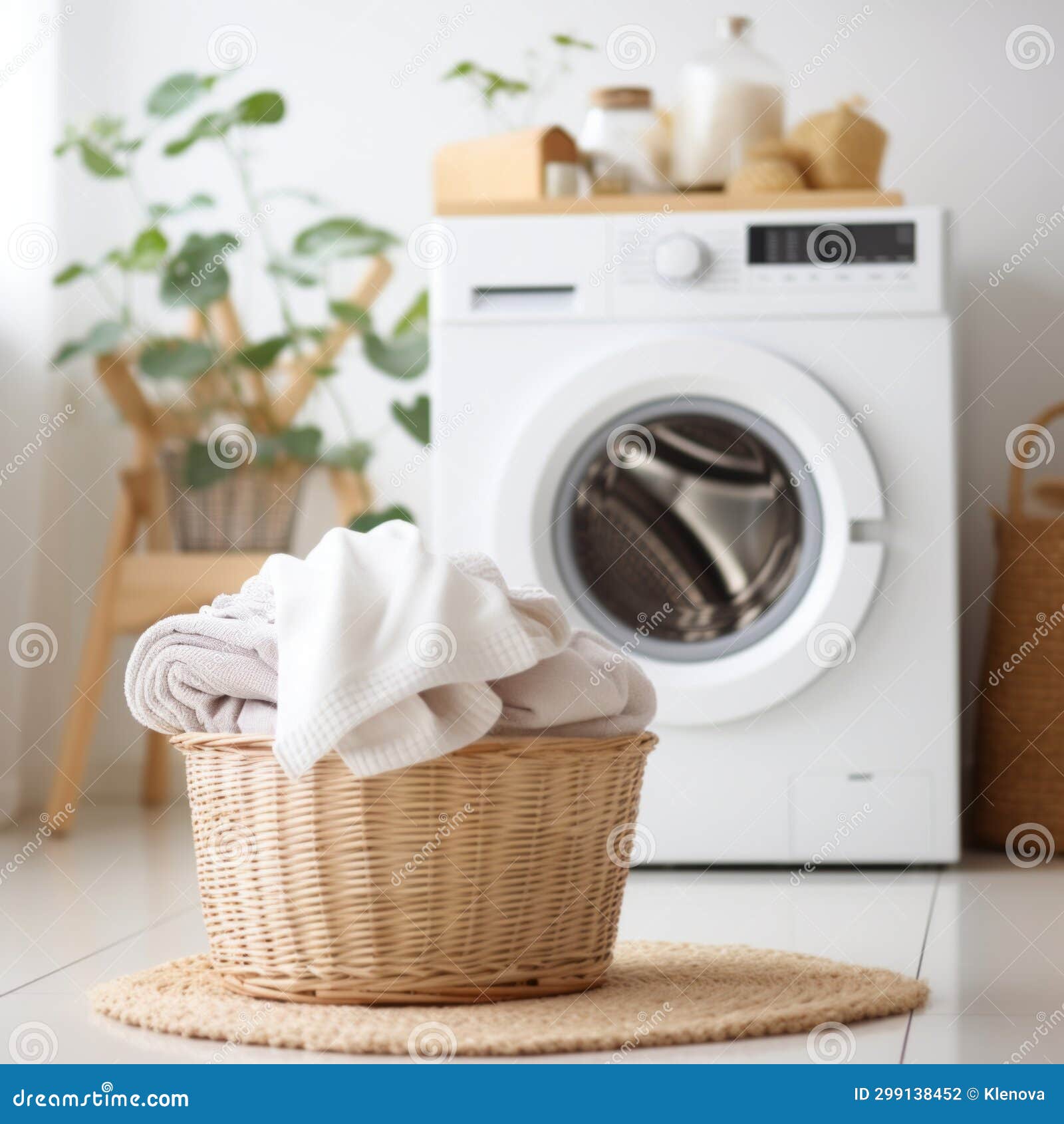Modern Washing Machine and Laundry Basket with Stack of Clean Clothes ...