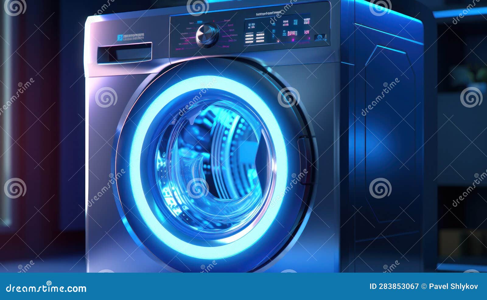 Modern Washing Machine with Laundry, Closeup Digital Control Display ...