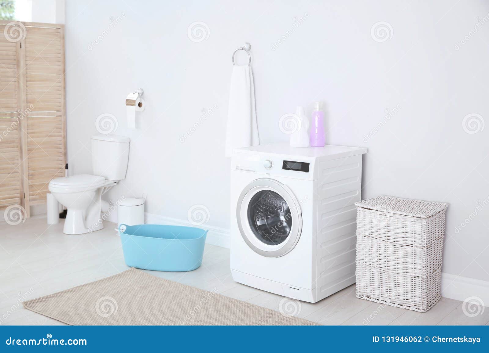 Modern Washing Machine in Light Interior Stock Photo - Image of routine ...