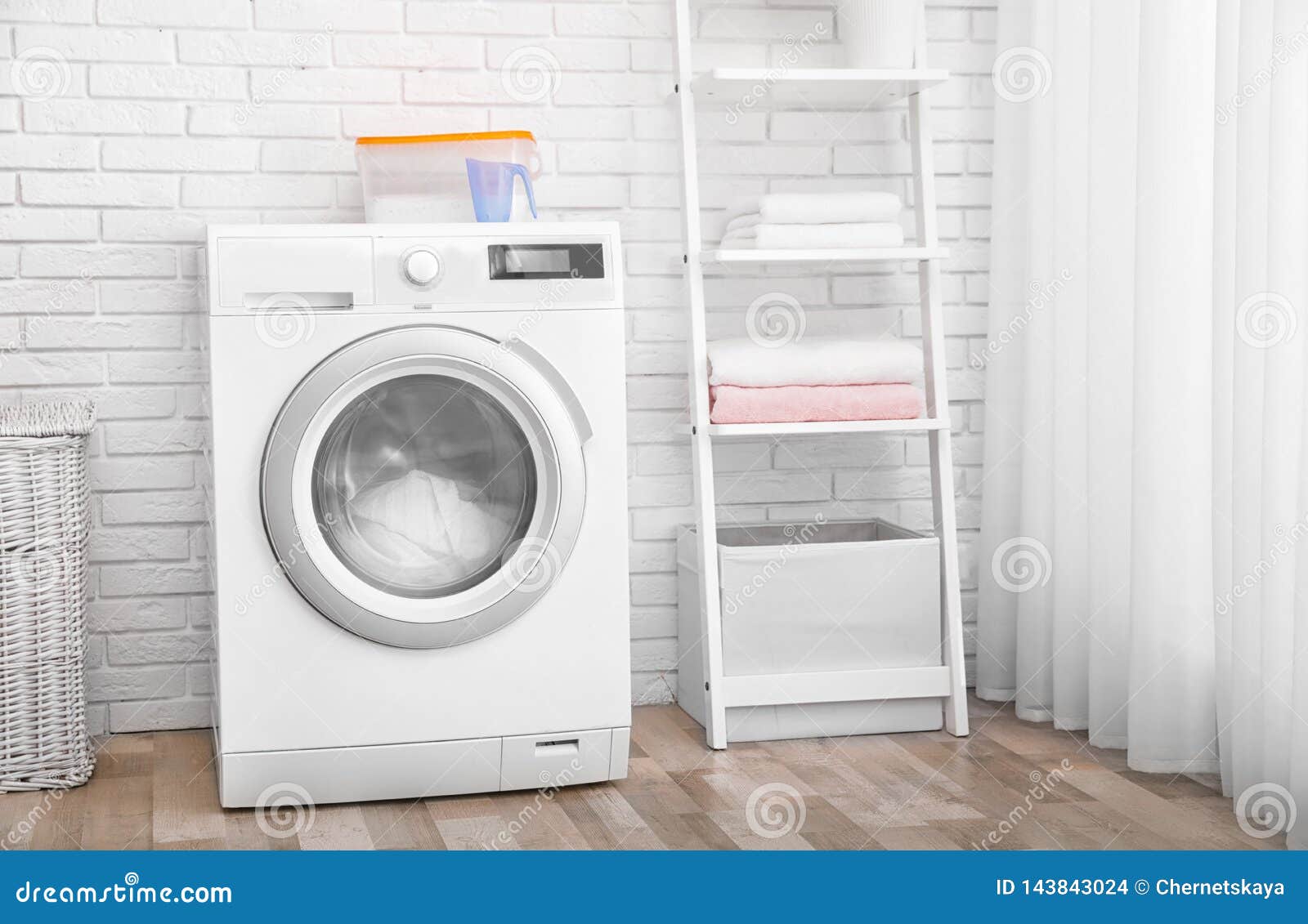 Modern Washing Machine Near Wall in Laundry Room Interior Stock Photo ...