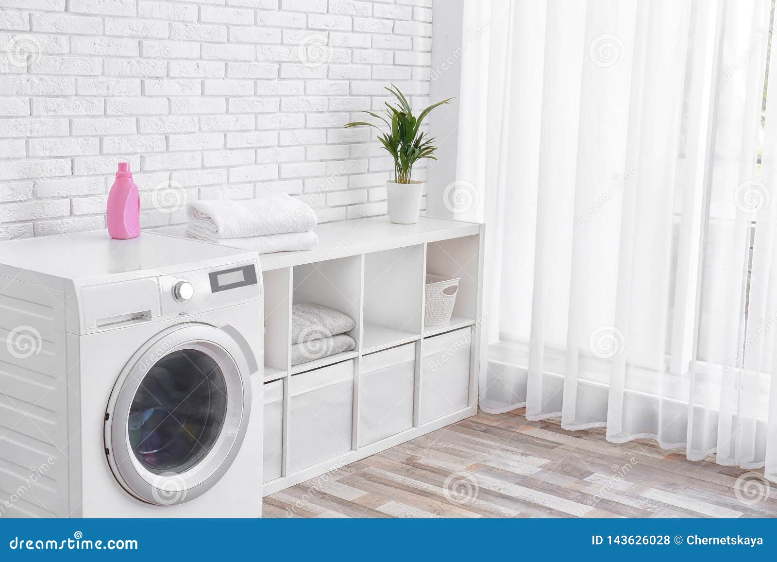 Modern Washing Machine Near Wall in Laundry Room Interior, Space for ...