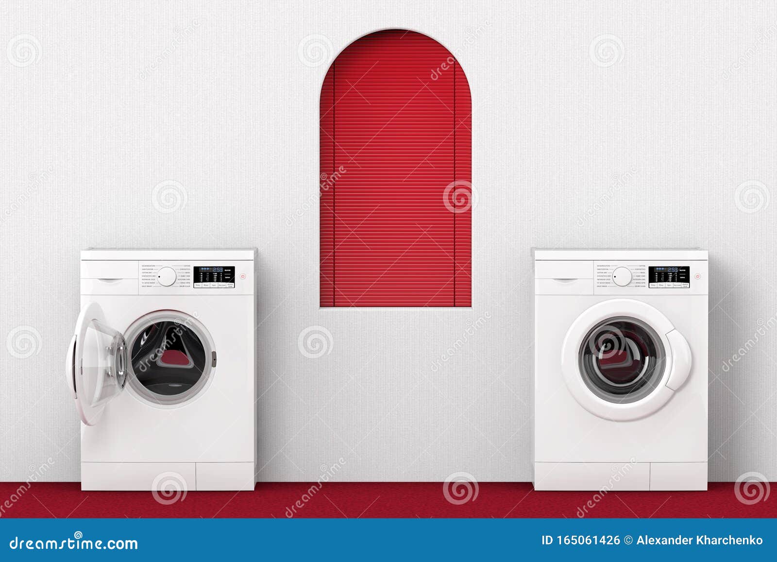 Modern Washing Machine Near Red Window. 3d Rendering Stock Illustration ...