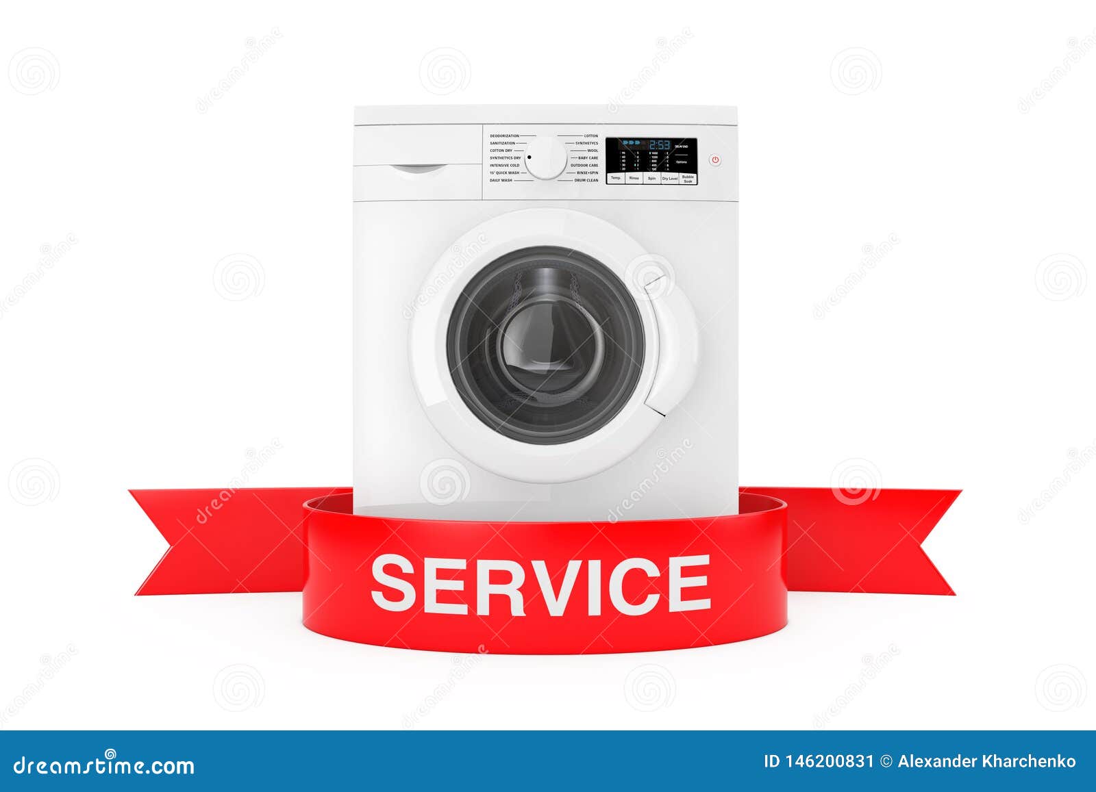 Modern Washing Machine with Red Ribbon Service Sign. 3d Rendering Stock ...
