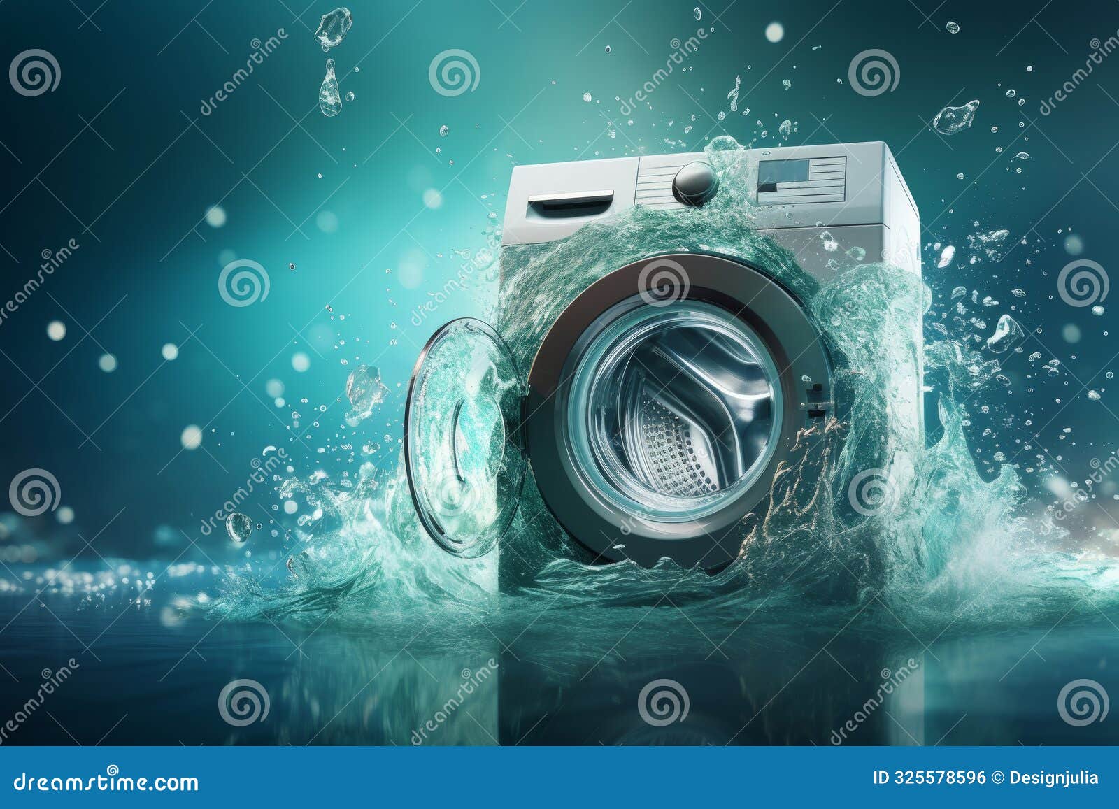 Modern Washing Machine with Water Splash on Blue Background Stock ...