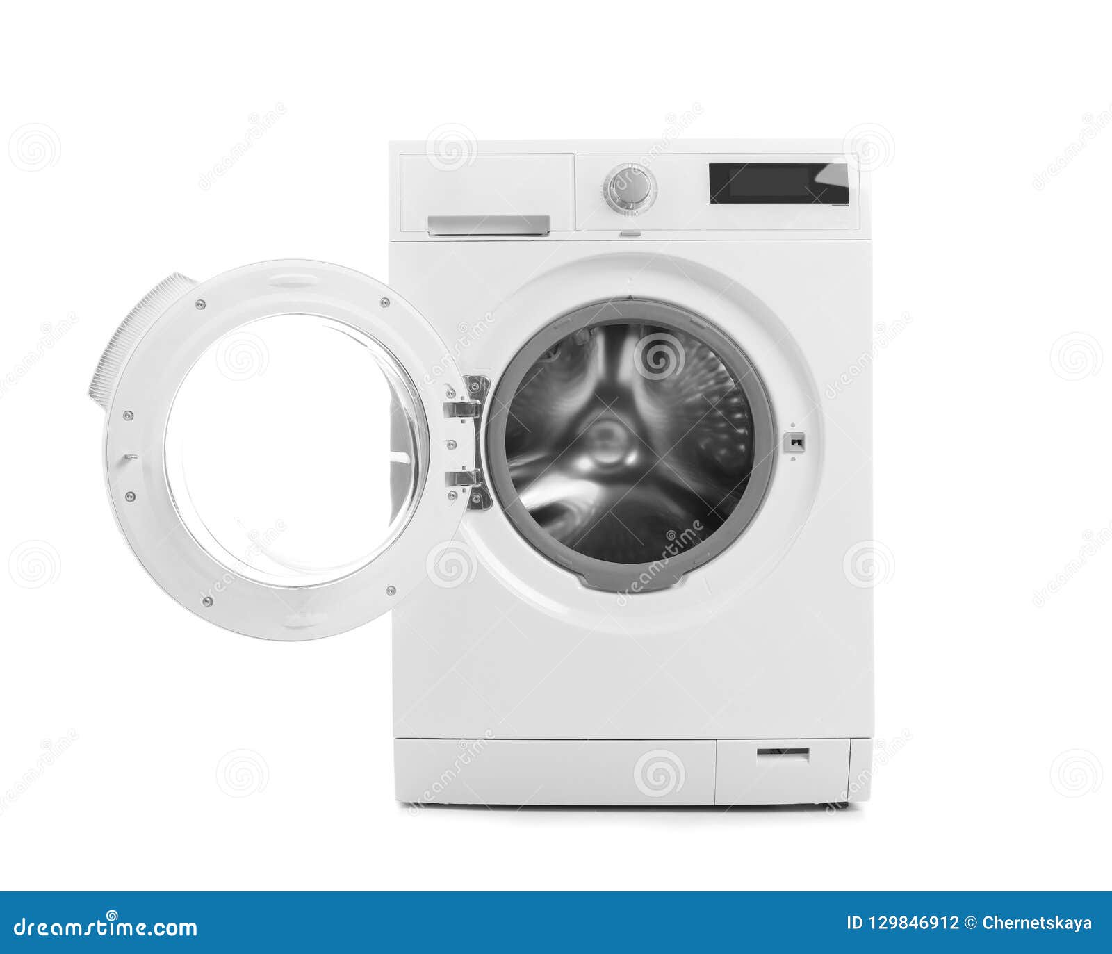 A White Washing Machine Is Shown In A Laundry Room With Folded Clean ...