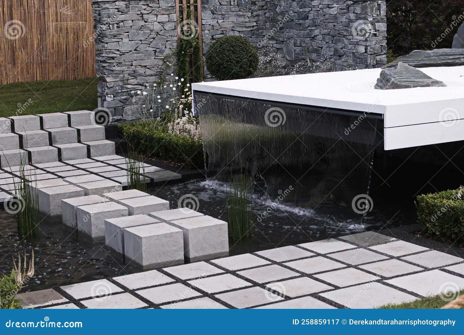A modern water garden stock image. Image of feature - 258859117