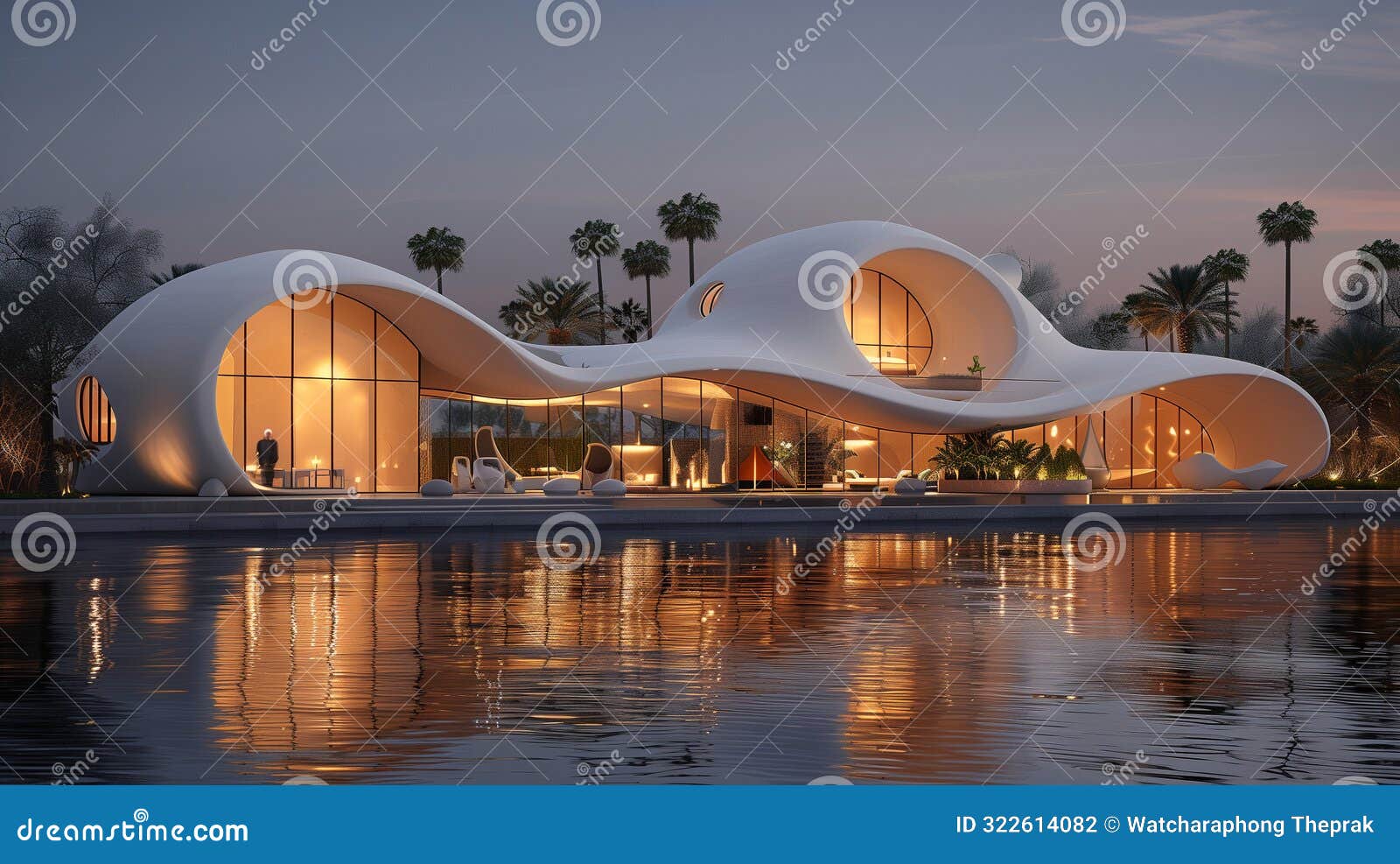 Modern Waterfront House with Curved Design, Large Windows, Illuminated ...