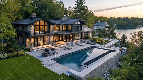 Modern Waterfront Mansion with Infinity Pool and Stunning Views Stock ...