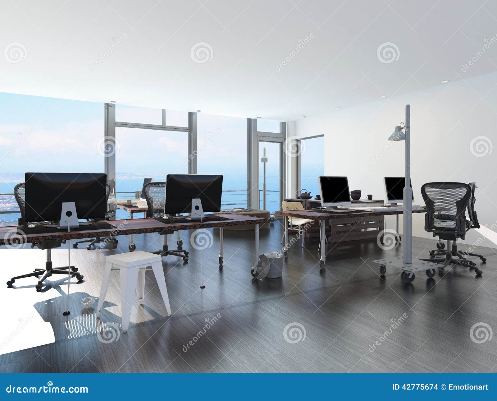 Modern Waterfront Office Overlooking the Sea Stock Illustration ...