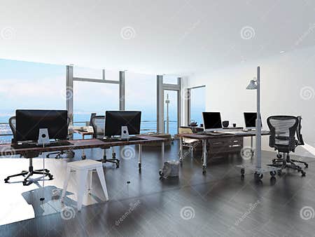 Modern Waterfront Office Overlooking the Sea Stock Illustration ...