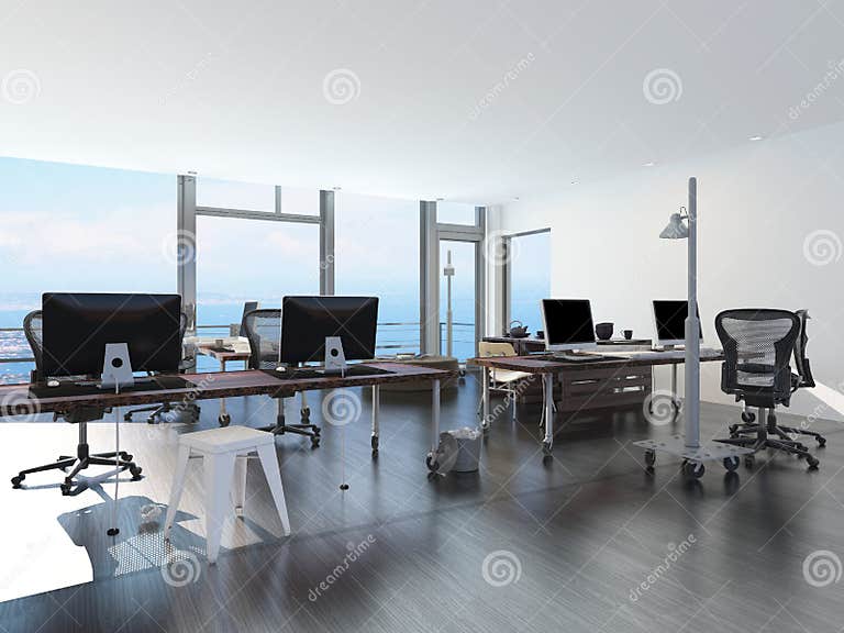 Modern Waterfront Office Overlooking the Sea Stock Illustration ...