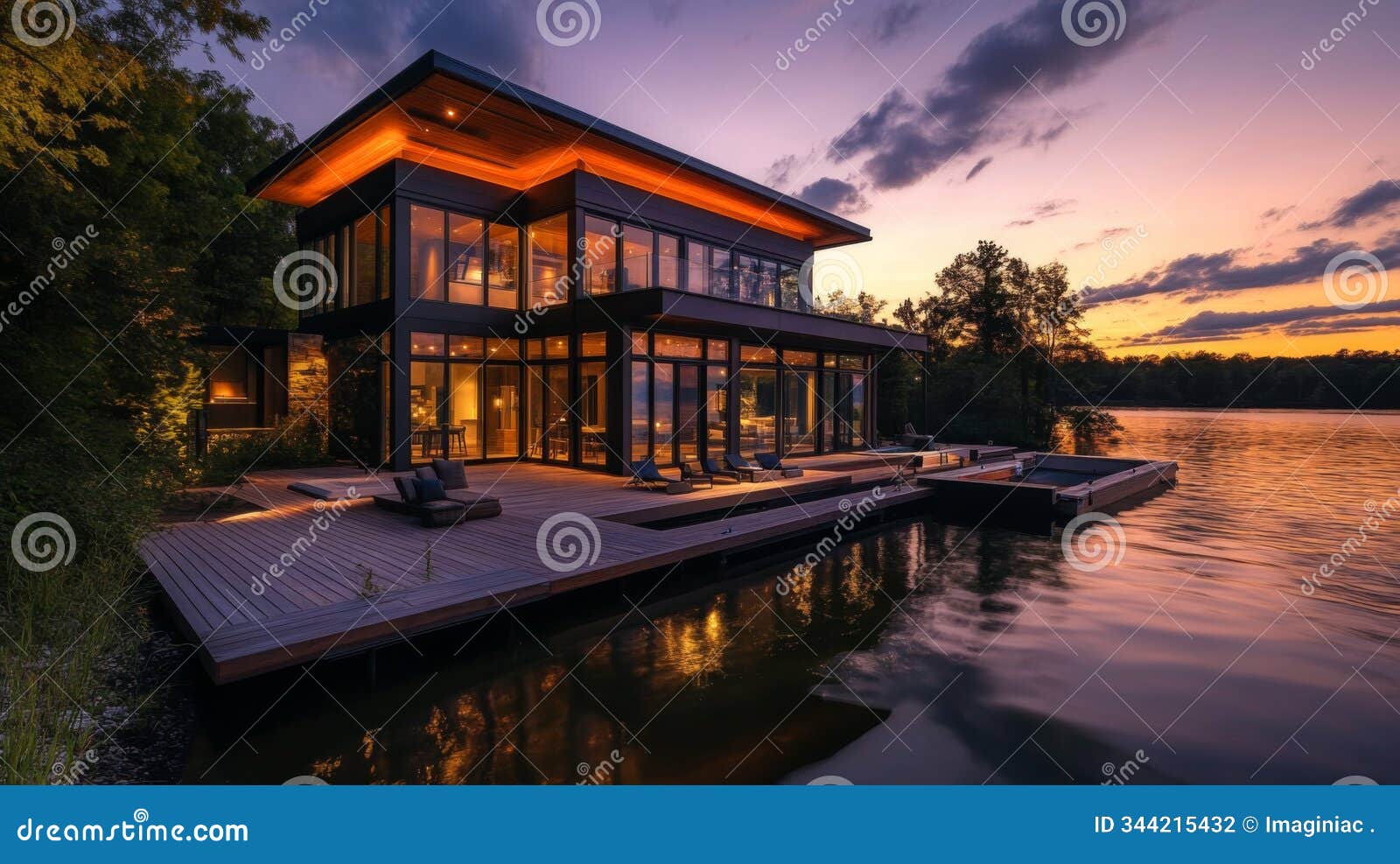 Modern Waterfront Residence with Sunset Sky and Deck Stock Illustration ...