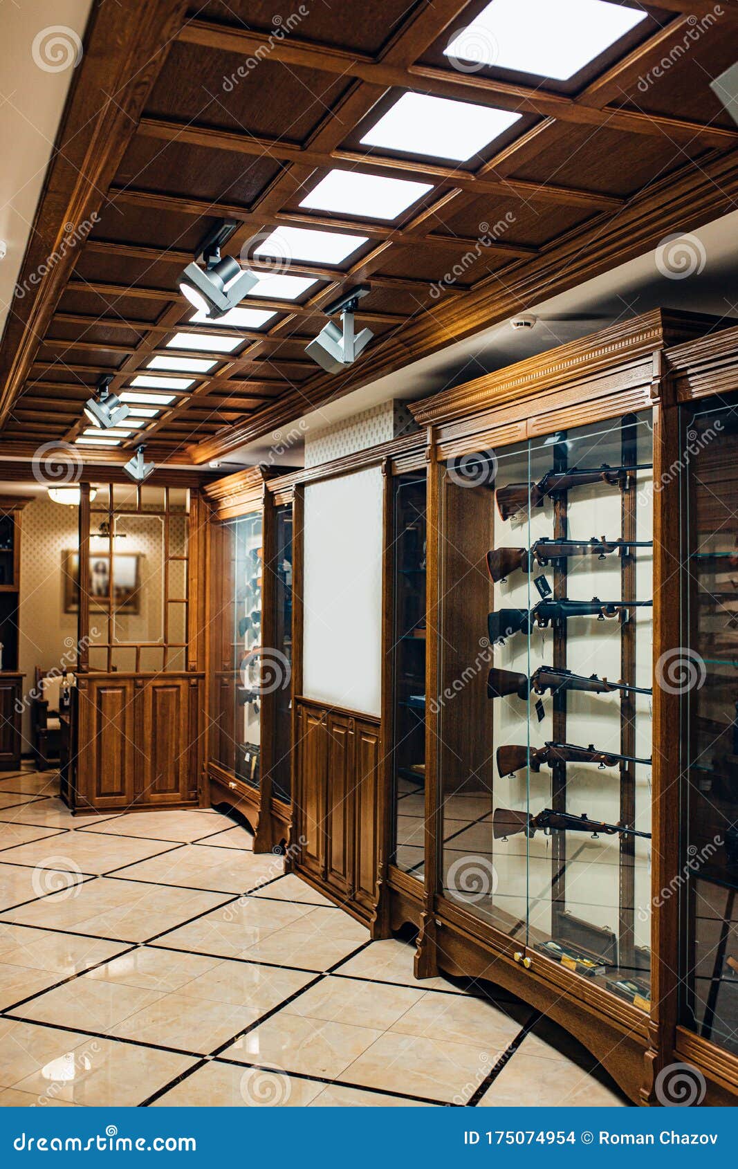 Modern Gun Store Interior with Different Rifles on Showcase Stock Photo ...