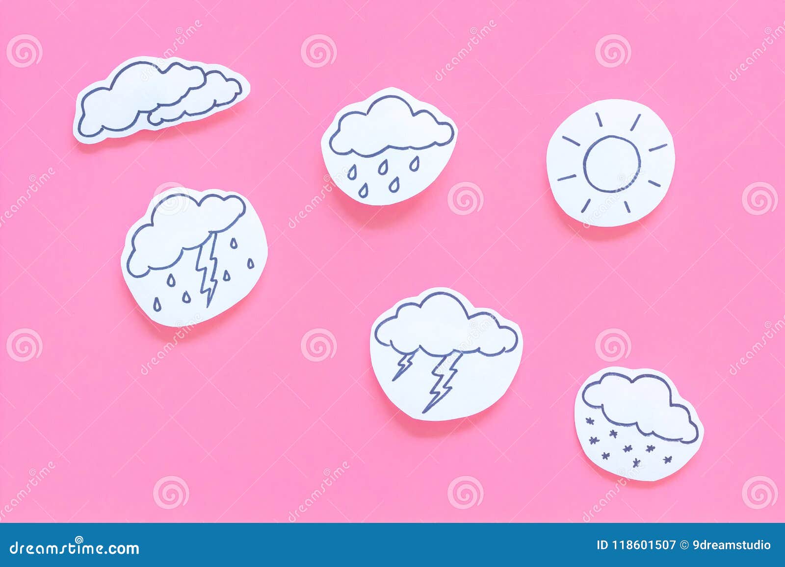 Modern Weather Icons Set on Pink Background Top View Stock Image ...