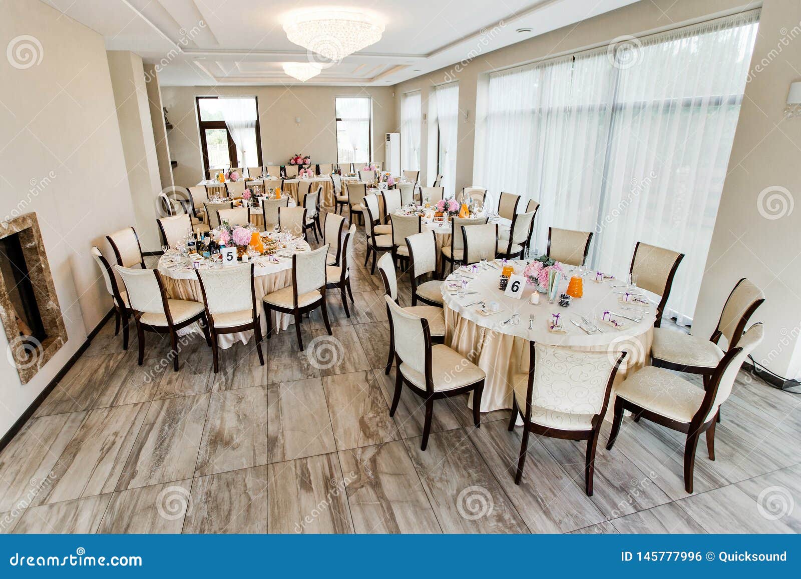 Modern wedding hall stock photo. Image of arrangement - 145777996