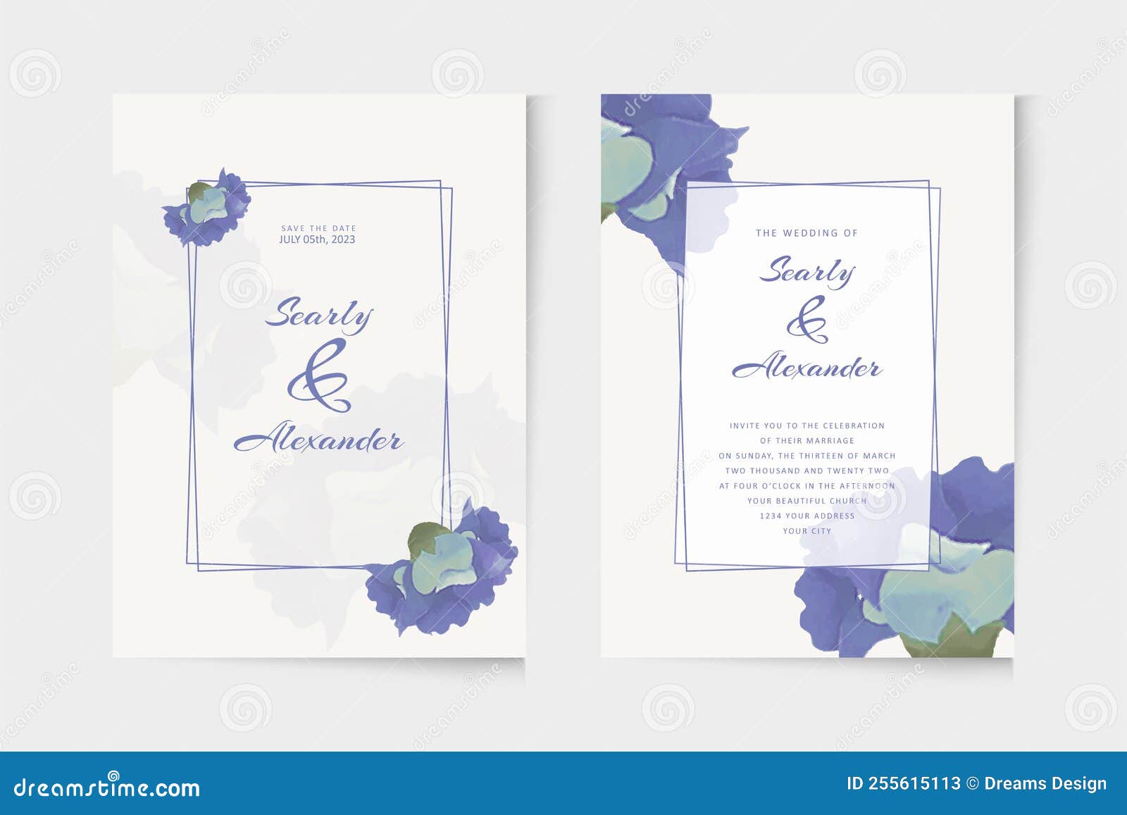 Modern Wedding Invitation Template with Blue Floral Watercolor Ornament ... Modern Wedding Invitation Template with Blue Floral Watercolor Ornament ...