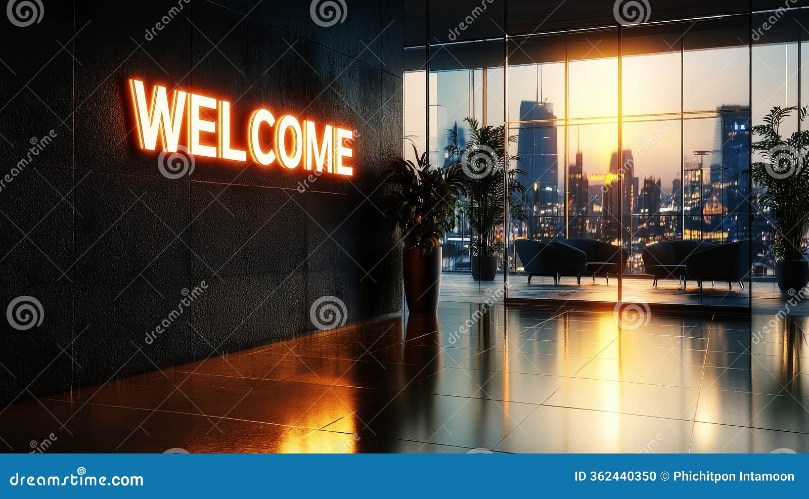 Modern Welcome Text Sign in an Office Lobby with Sleek Design Elements ...