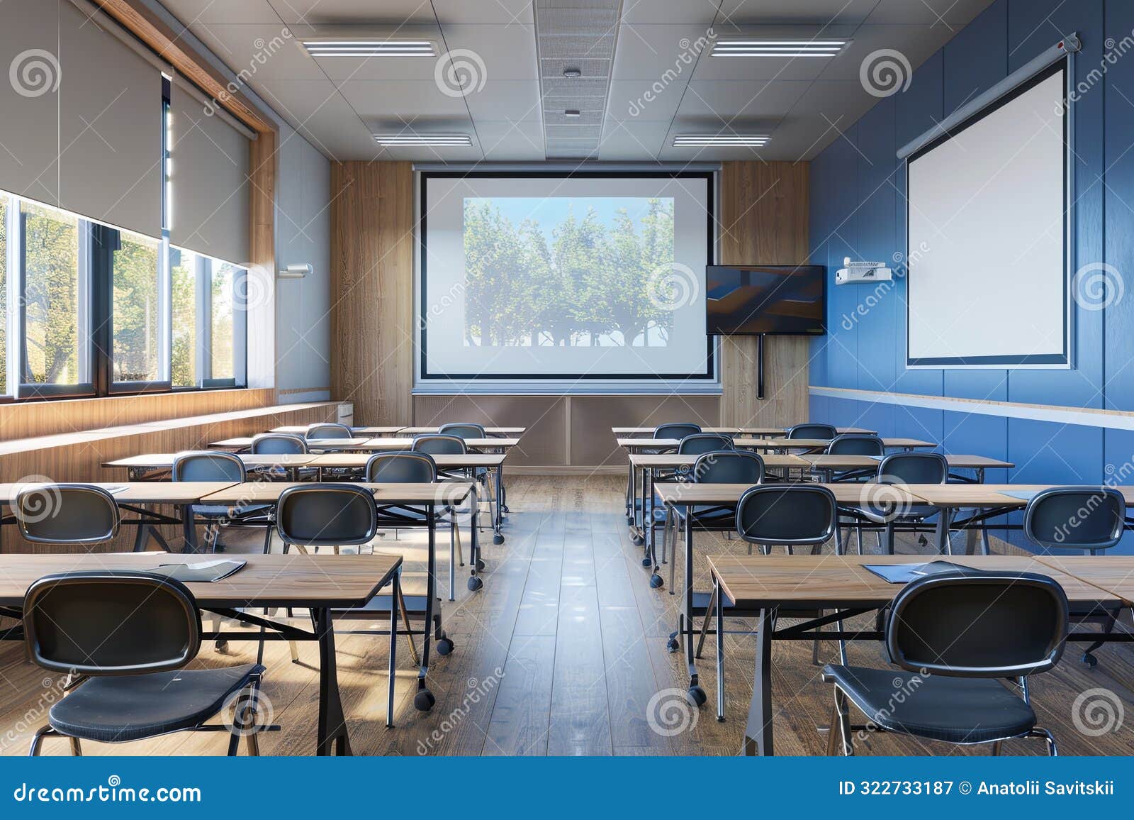 A Modern, Well-lit Classroom with Interactive Panels and AI Assistants ...