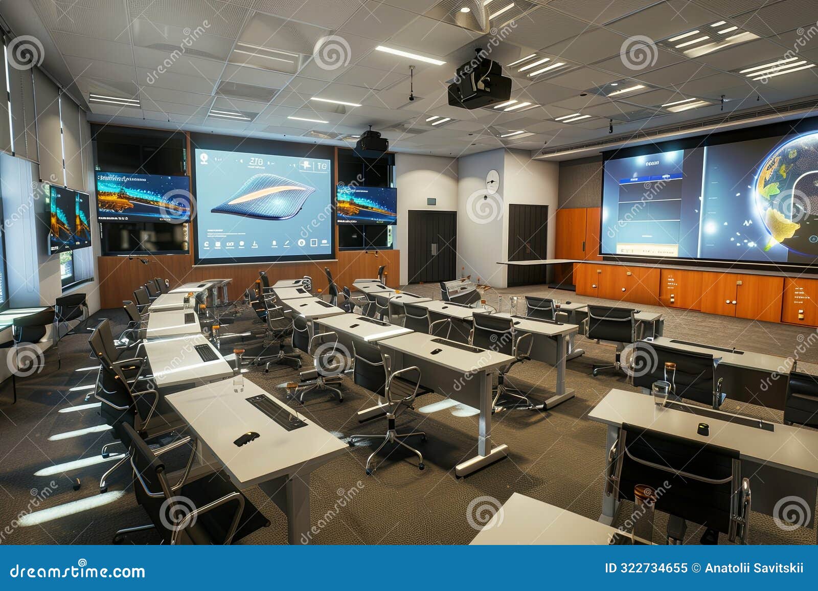 A Modern, Well-lit Classroom with Interactive Panels and AI Assistants, Enhancing the Learning ...