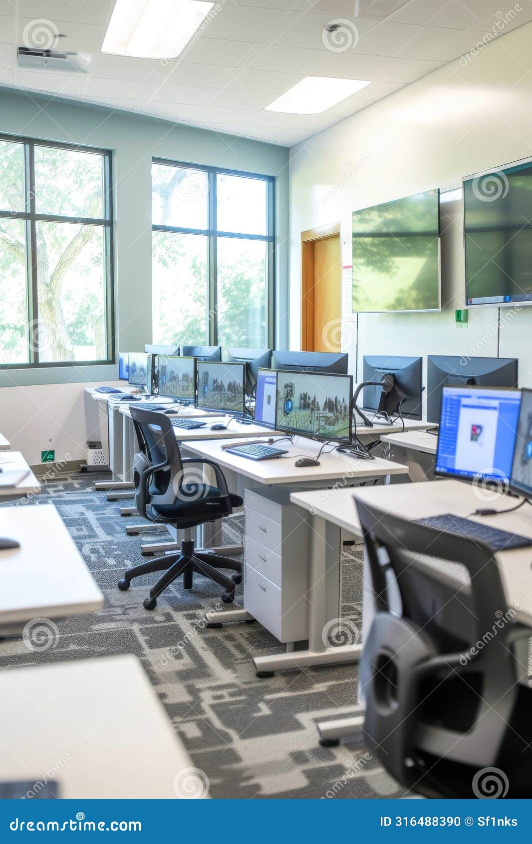Modern, Well-lit Computer Lab with Multiple Workstations. Stock Photo ...