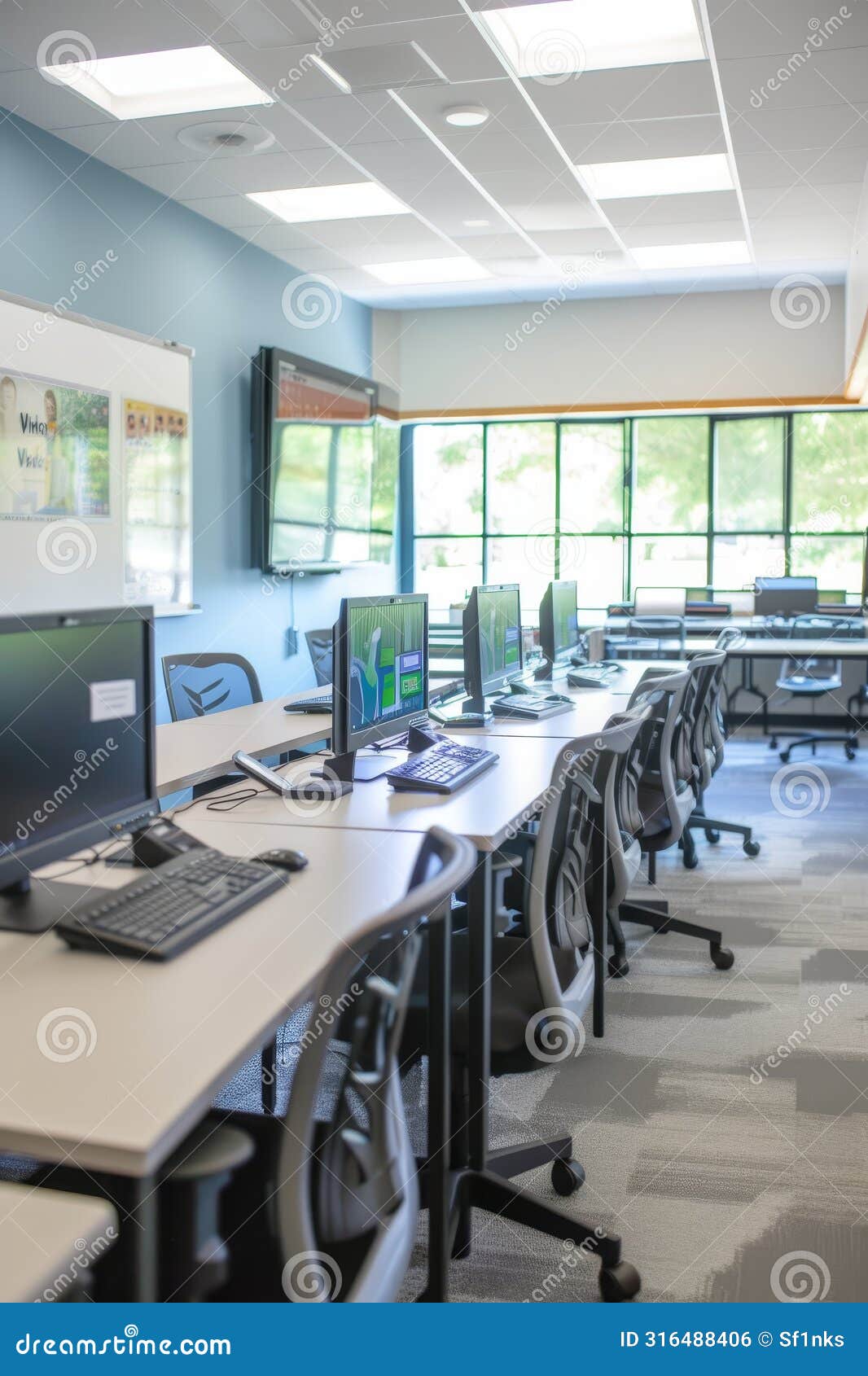 Modern, Well-lit Computer Lab with Multiple Workstations. Stock Photo ...