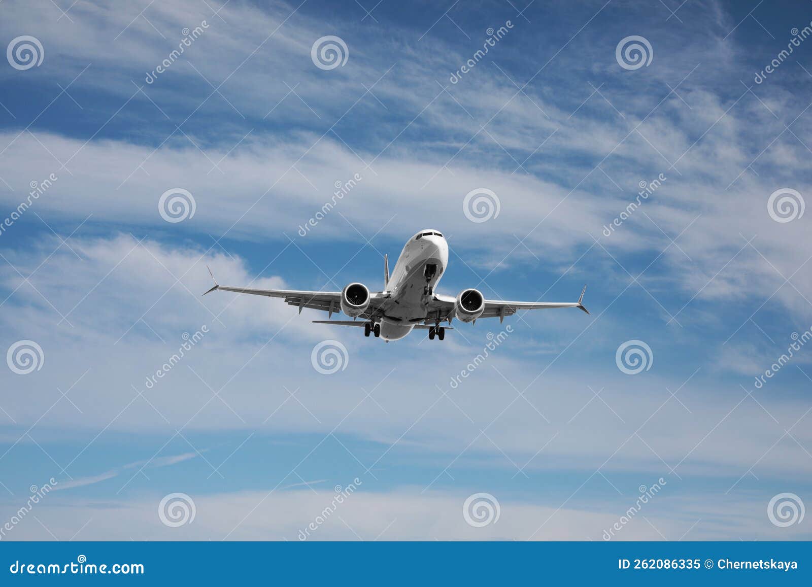 Modern White Airplane Flying in Cloudy Sky Stock Image - Image of speed ...