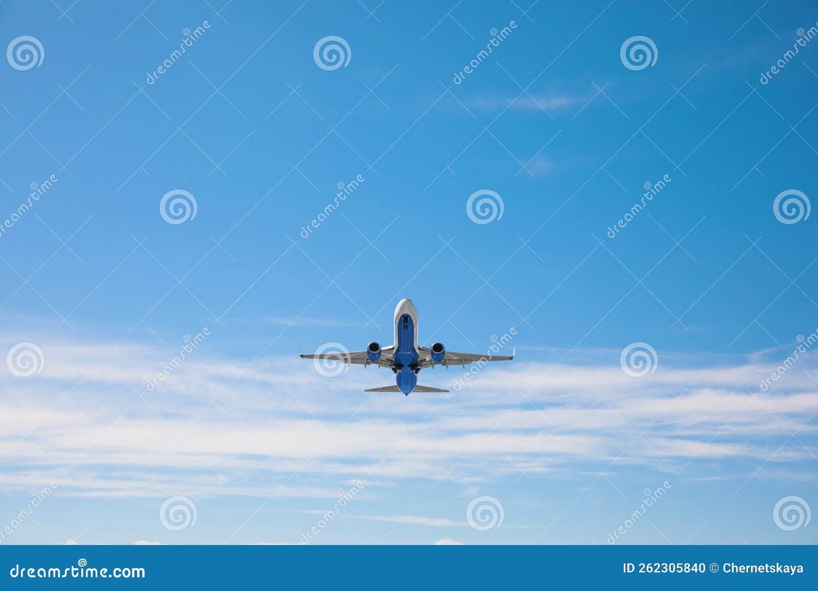 Modern White Airplane Flying in Sky, Low Angle View Stock Photo - Image ...