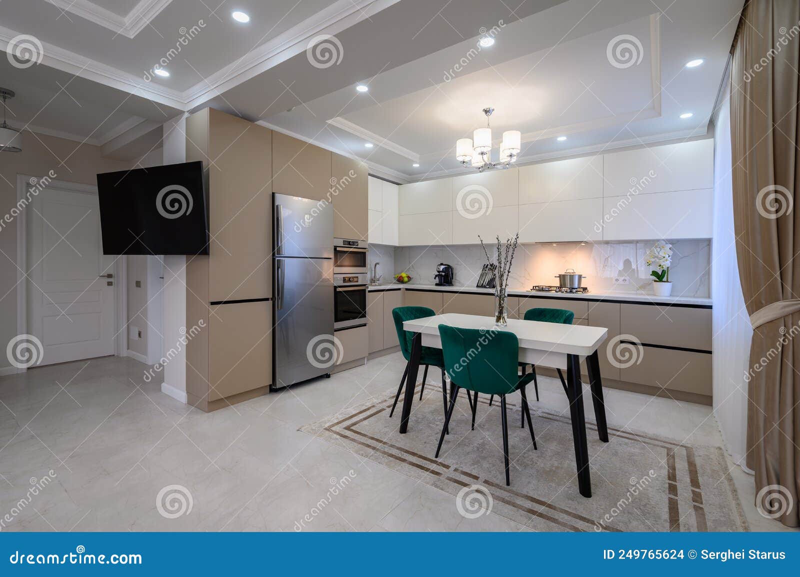 Modern White and Beige Large Luxurious Kitchen and Dining Table in ...