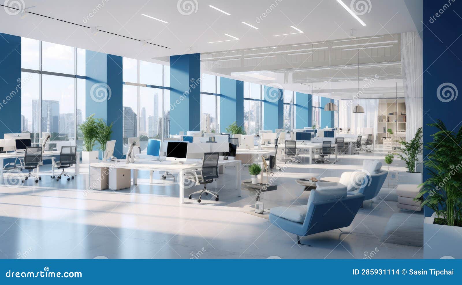 Modern White and Blue Open Space Office Interior Stock Illustration ...
