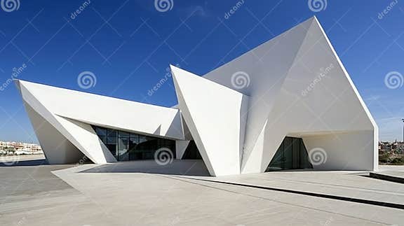Modern White Building with Angular Design and Glass Entrance Stock ...