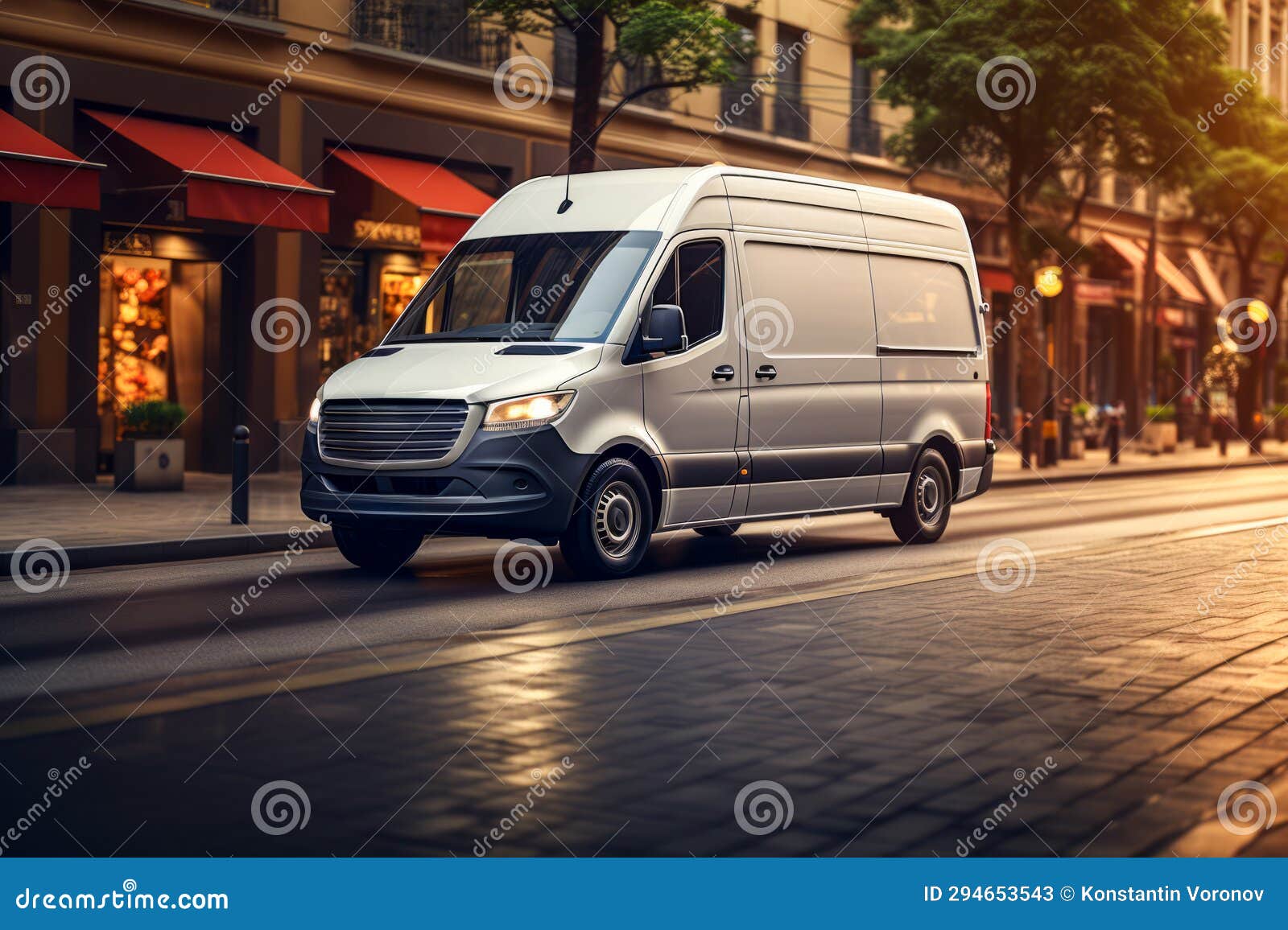 Modern White Cargo Delivery Van Driving through City at Evening. Stock ...