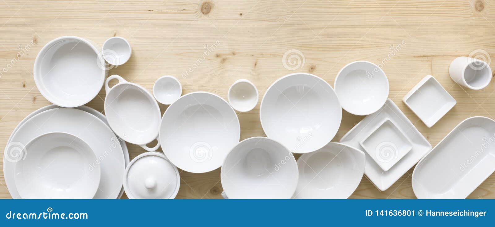 Modern, White Crockery, in Different Designs, Stands on a Light Wooden ...