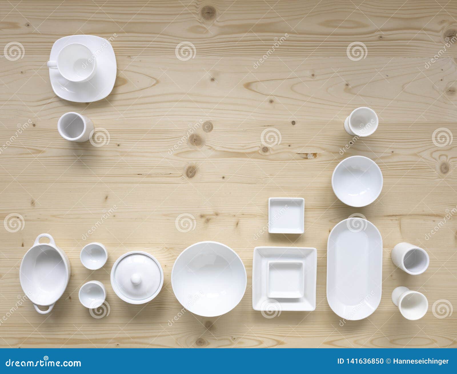 Modern, White Crockery, in Different Designs, Stands on a Light Wooden ...