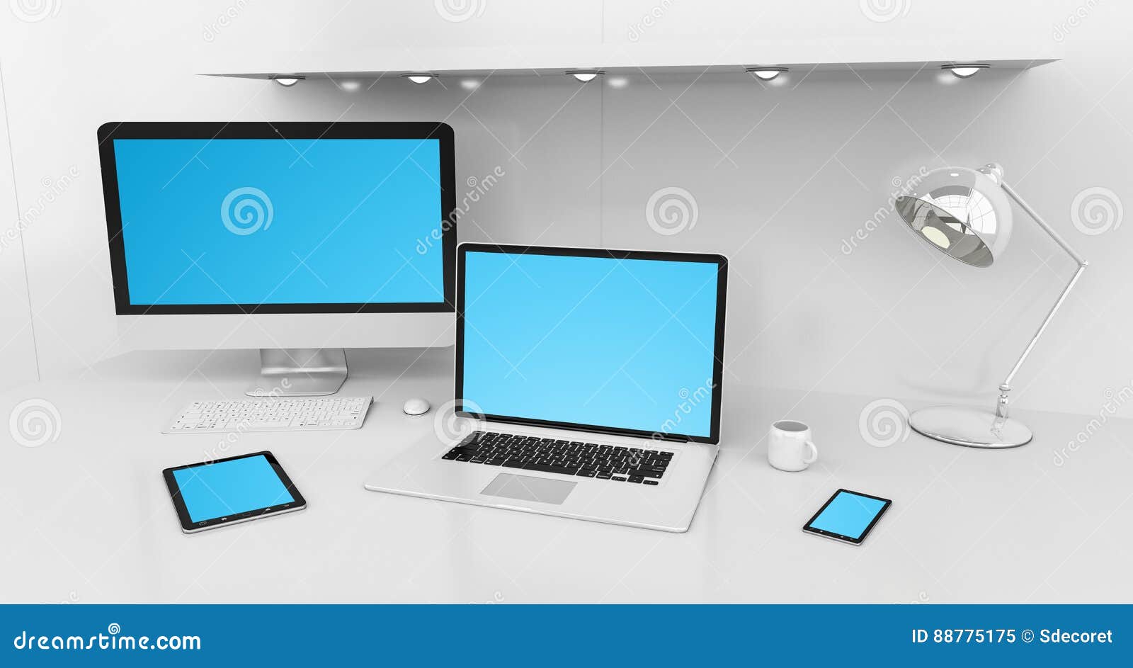 Modern White Desk Interior with Computer and Devices 3D Rendering Stock ...