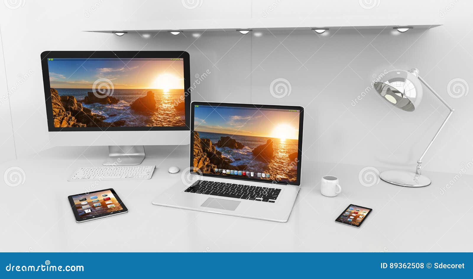 Modern White Desk Interior with Computer and Devices 3D Rendering Stock ...